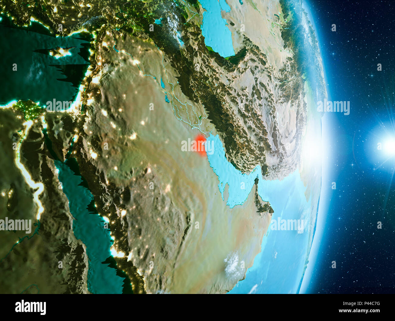 Kuwait from orbit of planet Earth with clouds during sunrise with ...