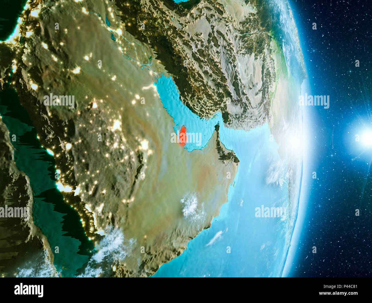 Qatar from orbit of planet Earth with clouds during sunrise with highly ...