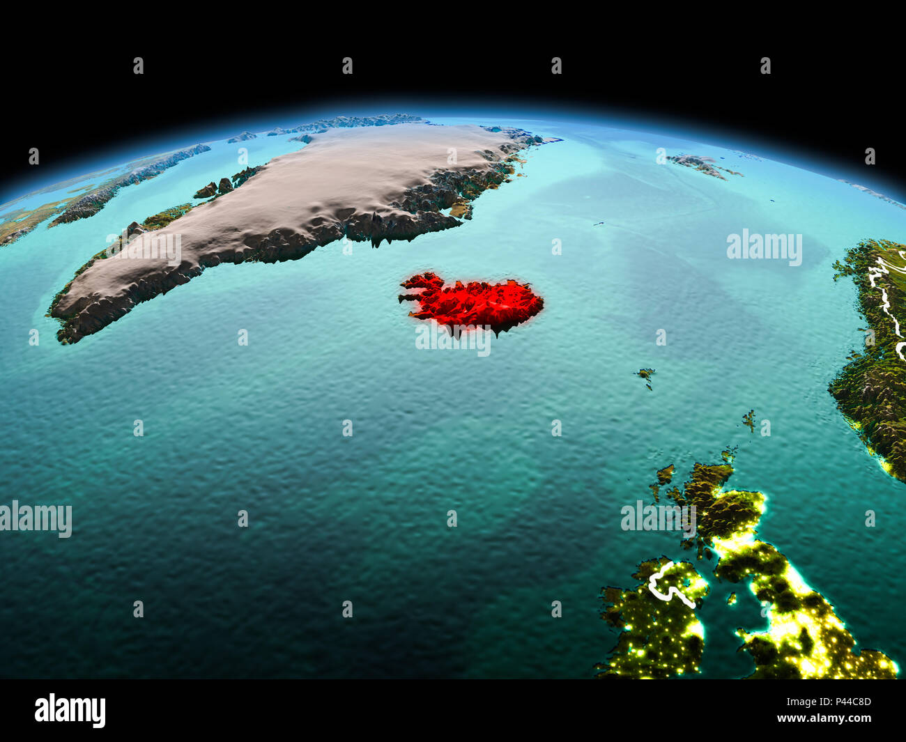 Morning above Iceland highlighted in red on model of planet Earth in space with visible border ...
