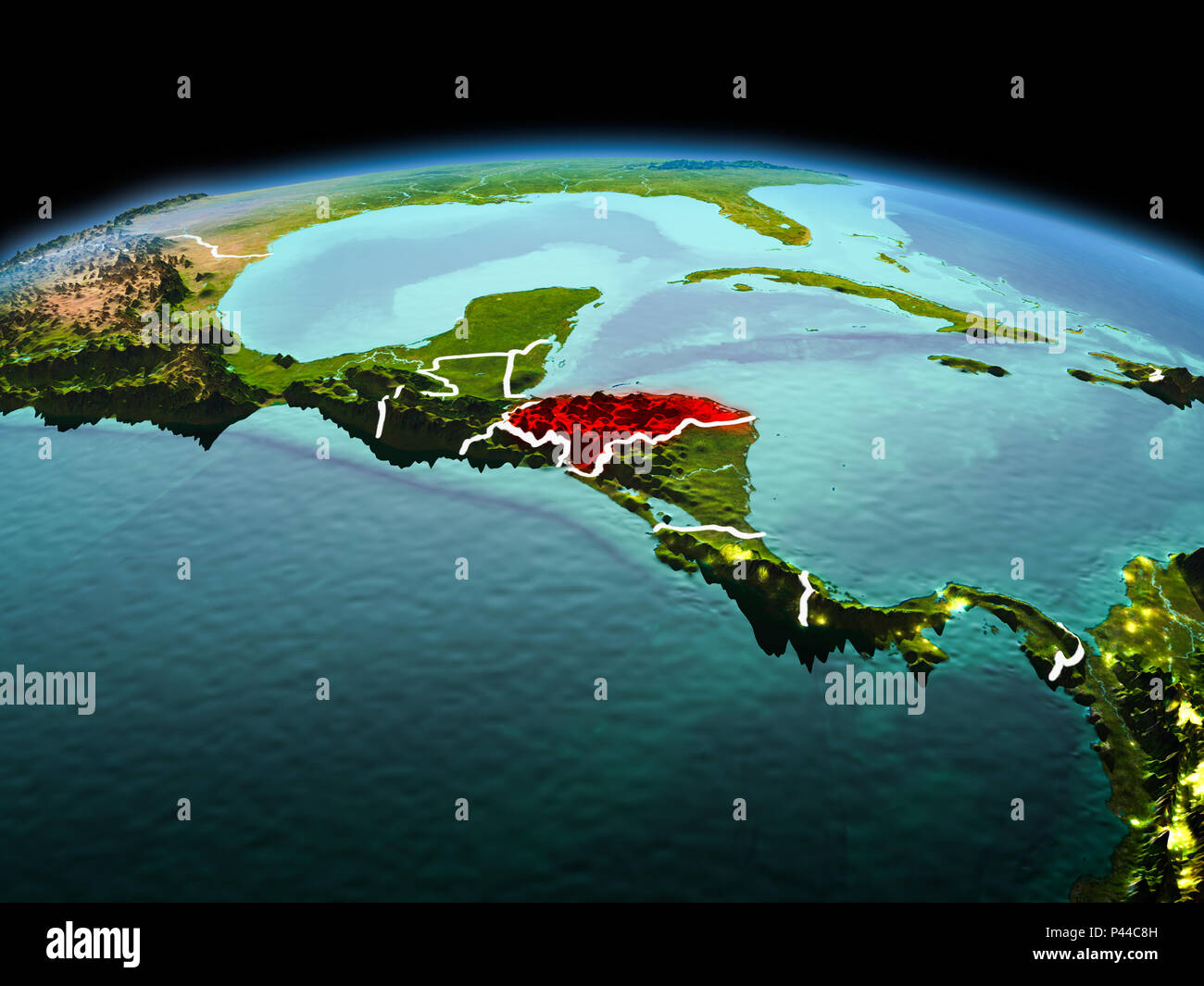 Morning above Honduras highlighted in red on model of planet Earth in ...