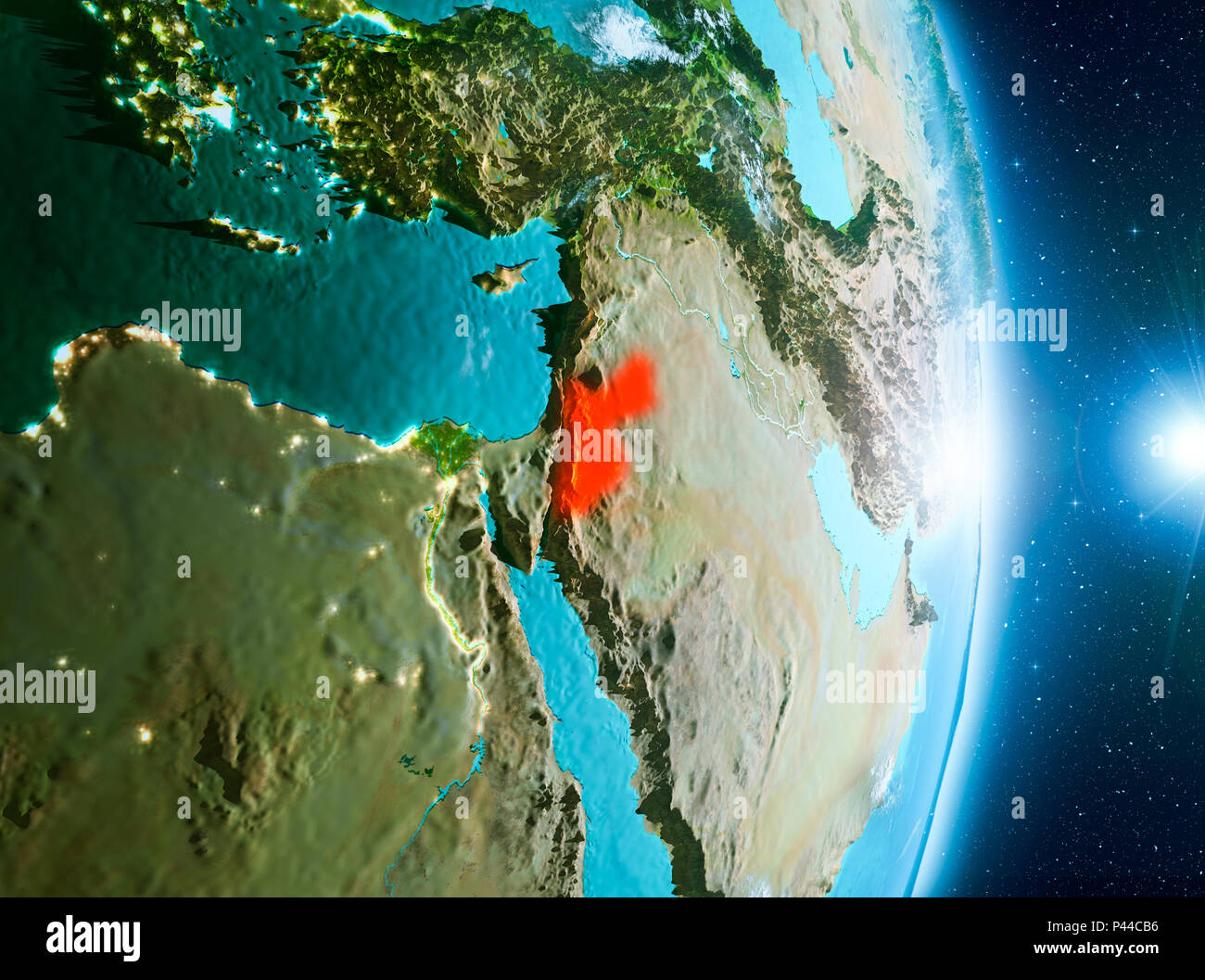 Jordan from orbit of planet Earth with clouds during sunrise with ...