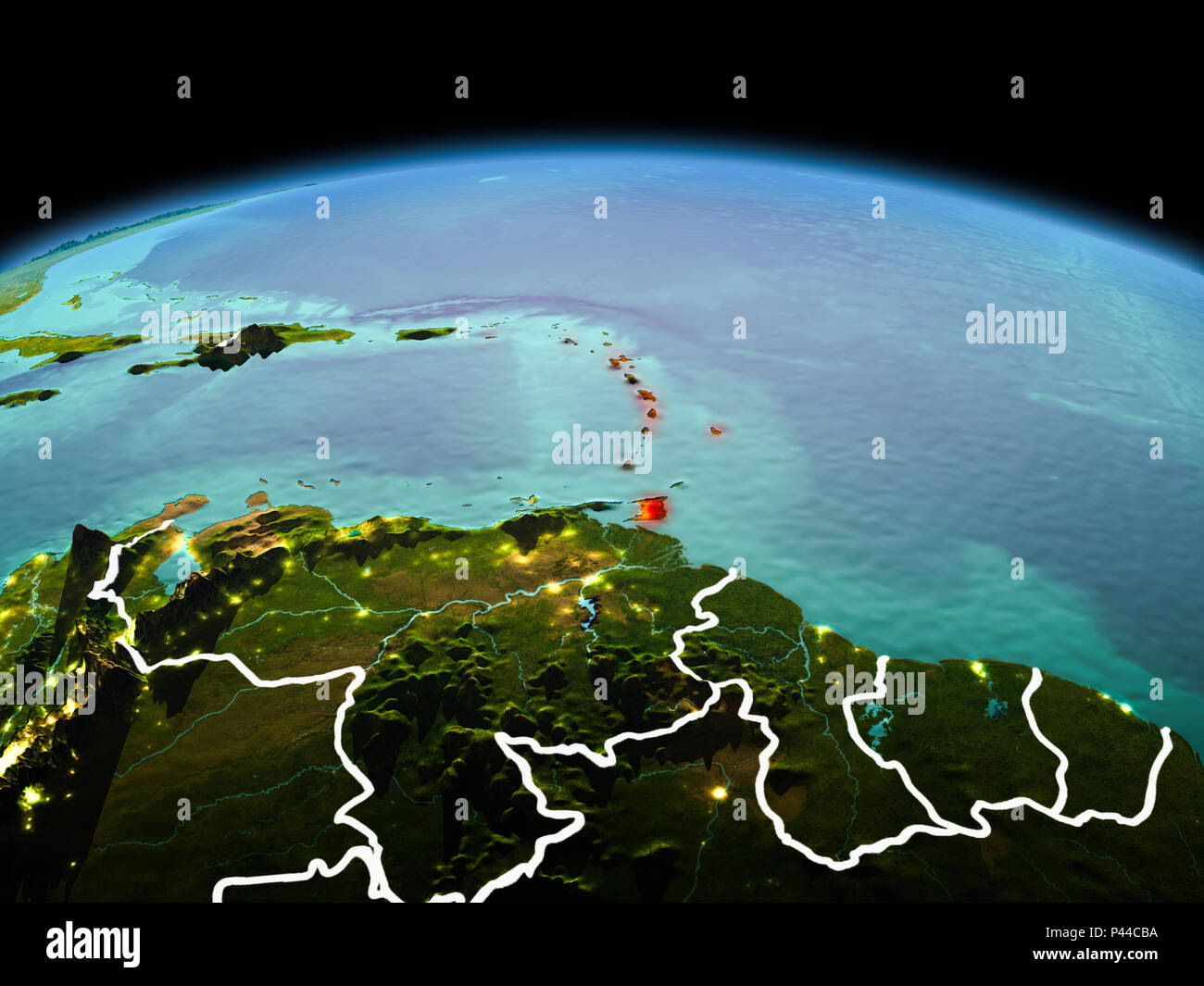 Morning above Caribbean highlighted in red on model of planet Earth in space with visible border ...