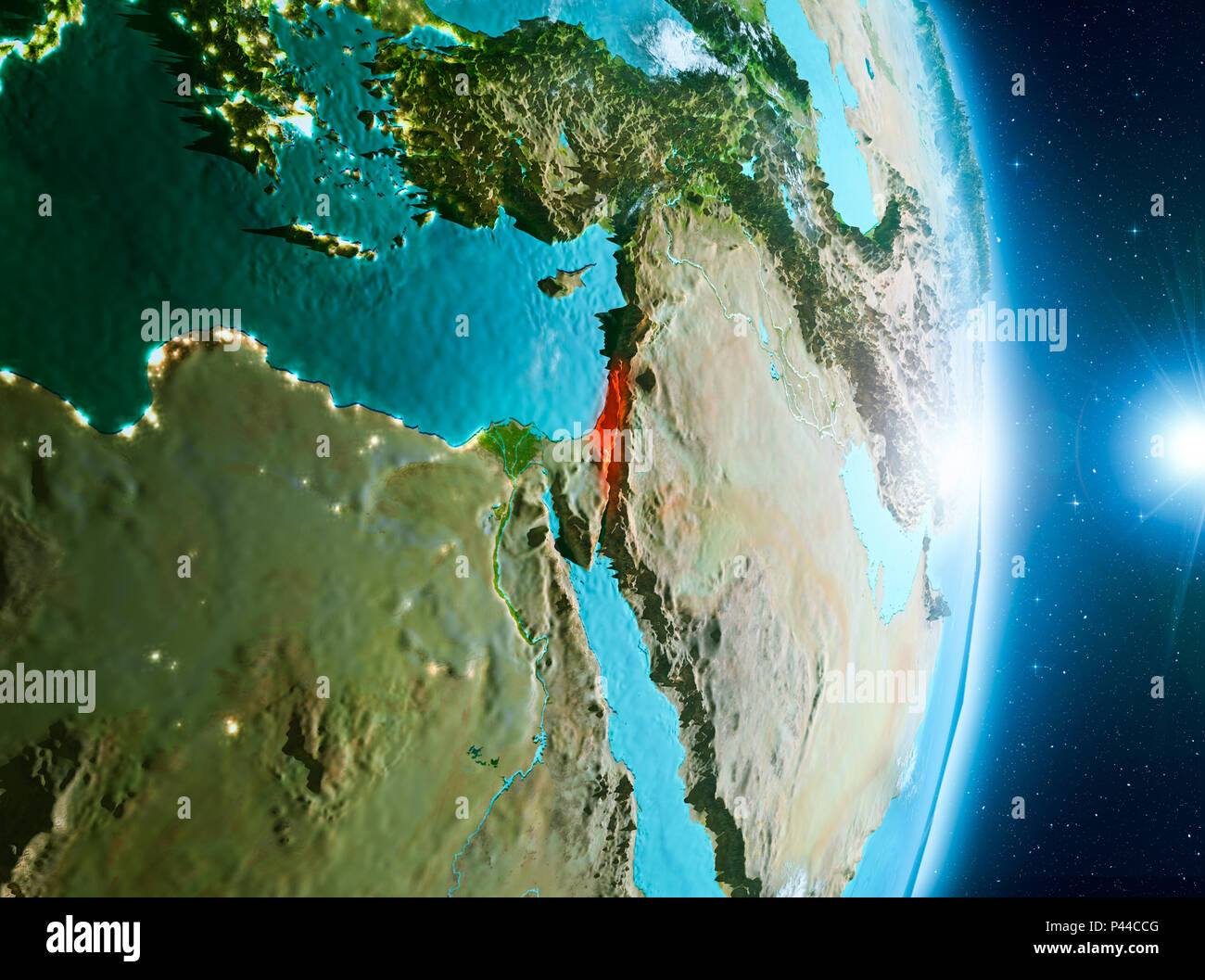 Israel from orbit of planet Earth with clouds during sunrise with ...