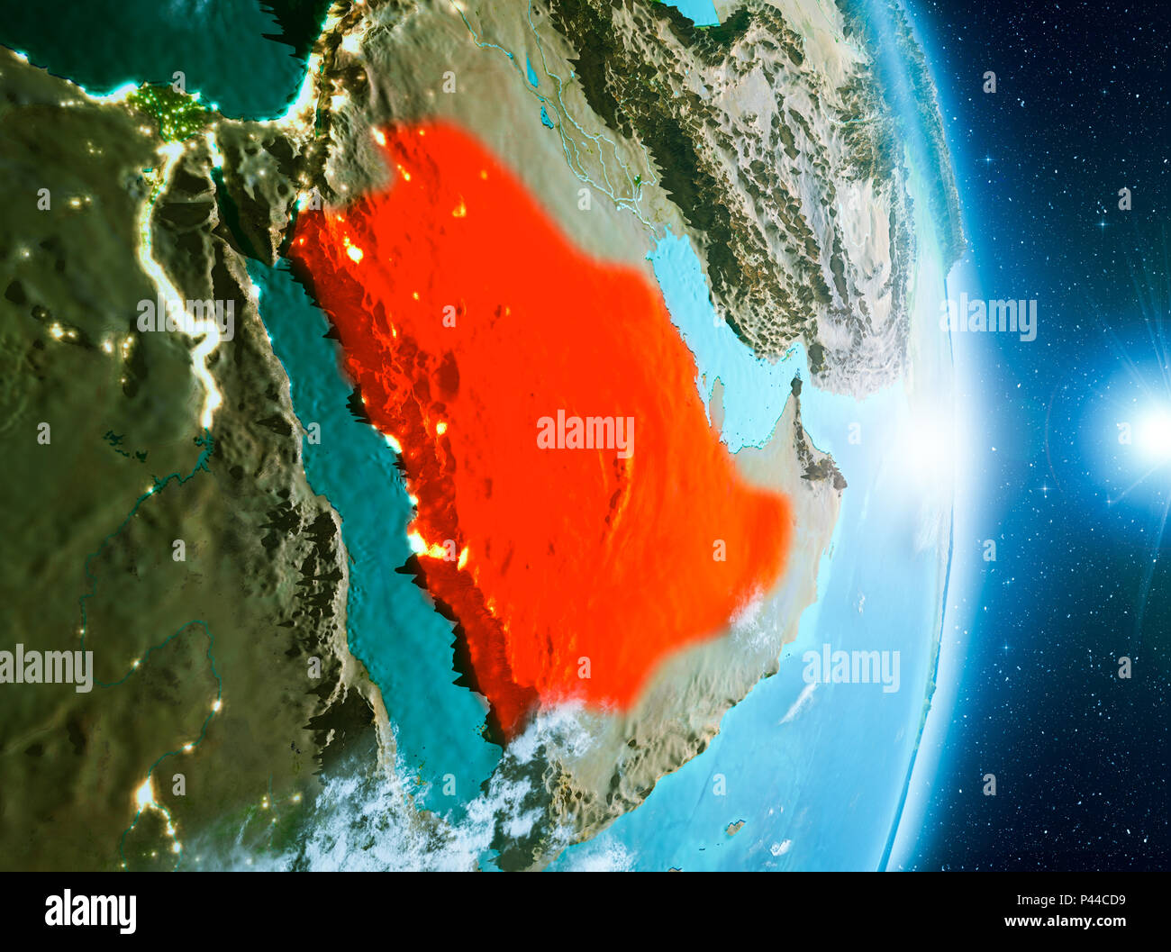 Saudi Arabia from orbit of planet Earth with clouds during sunrise with ...