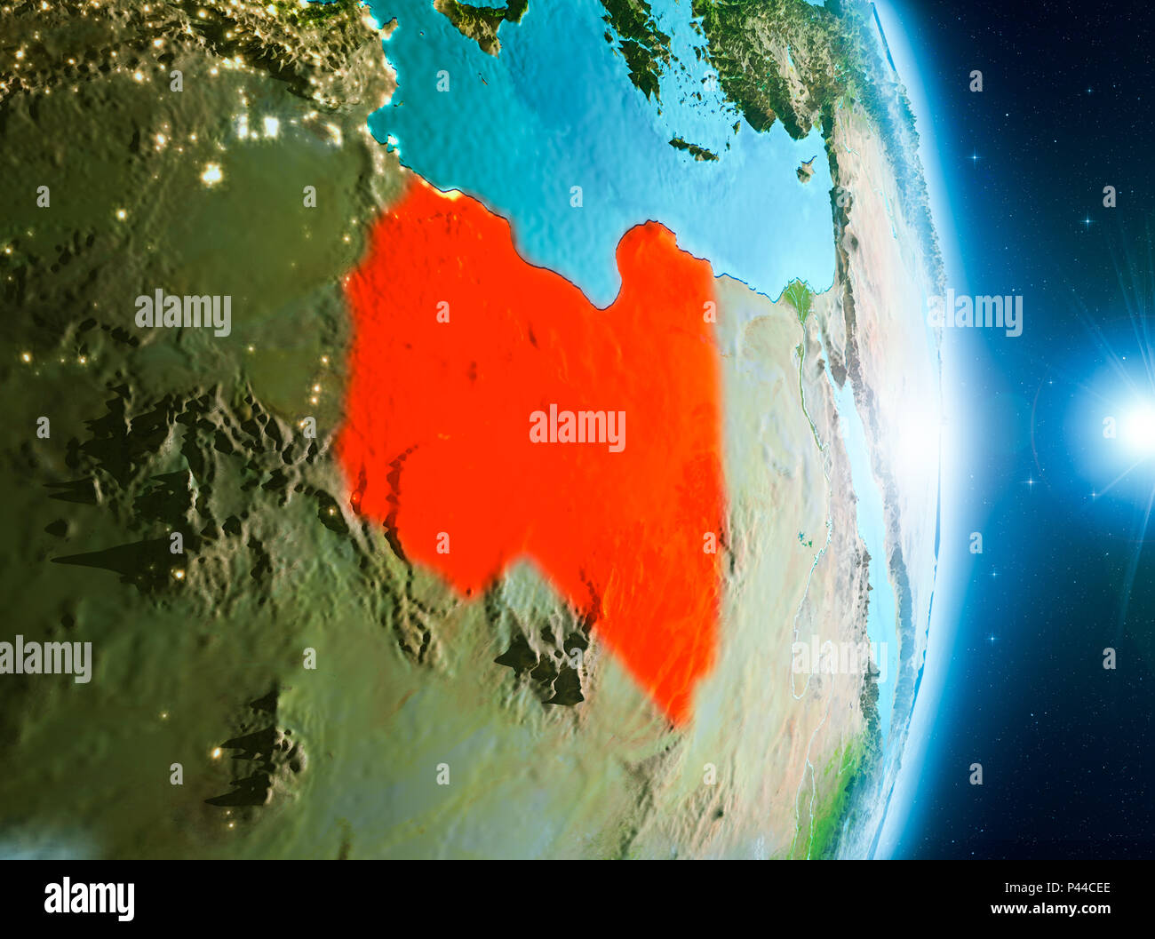 Libya from orbit of planet Earth with clouds during sunrise with highly ...