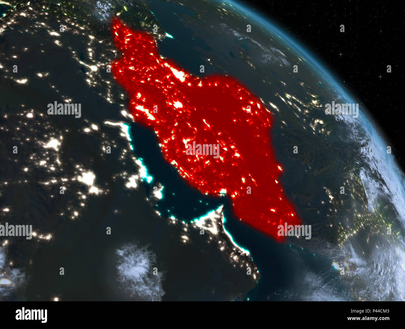 Night above Iran highlighted in red on model of planet Earth in space ...