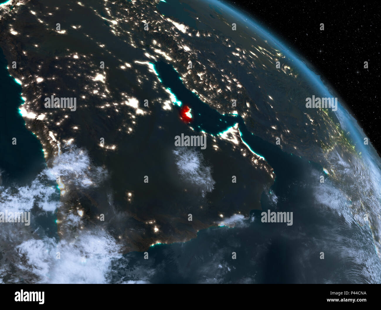 Night above Qatar highlighted in red on model of planet Earth in space ...