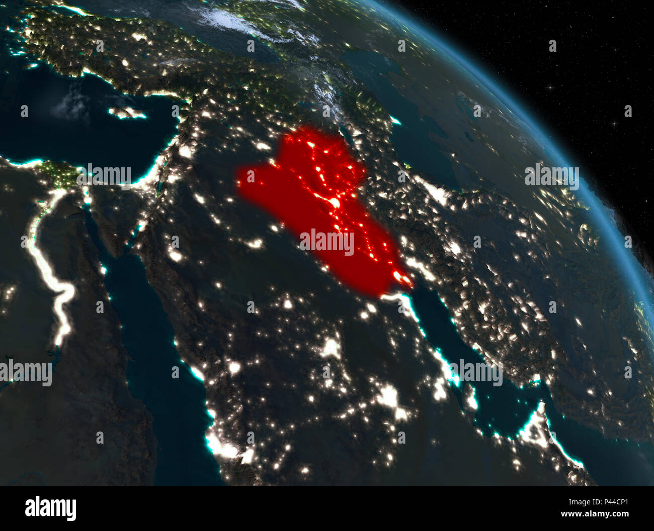 Night above Iraq highlighted in red on model of planet Earth in space ...