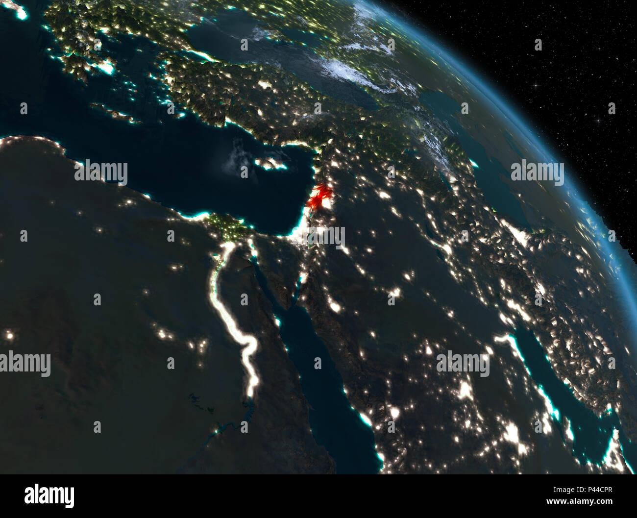 Night above Lebanon highlighted in red on model of planet Earth in ...