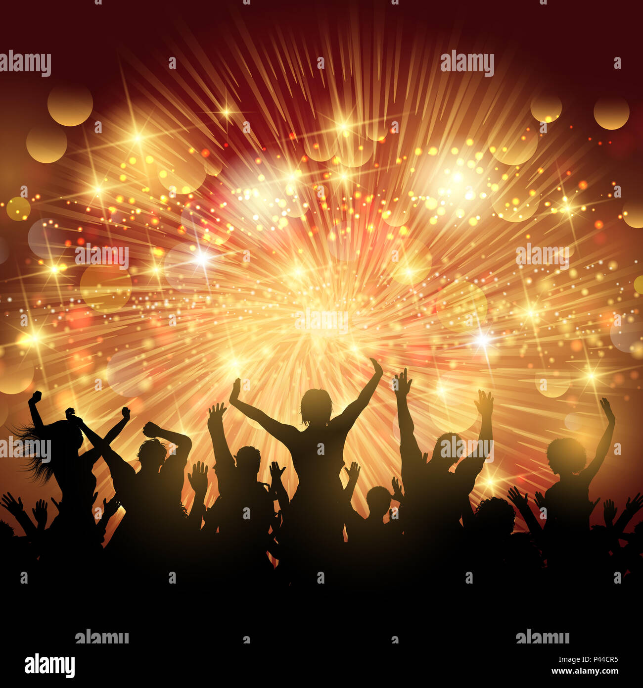 Silhouette of a party crowd on a sparkle lights background Stock Photo ...