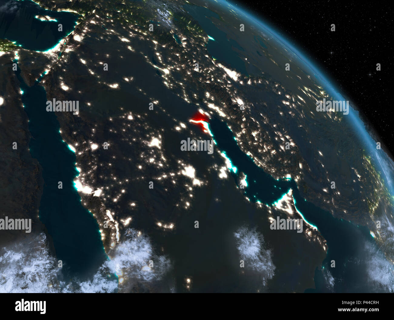 Night above Kuwait highlighted in red on model of planet Earth in space ...
