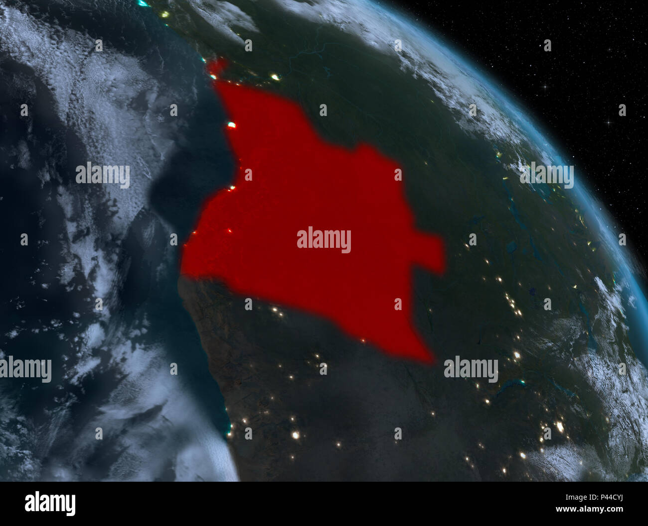 Night above Angola highlighted in red on model of planet Earth in space. 3D illustration ...