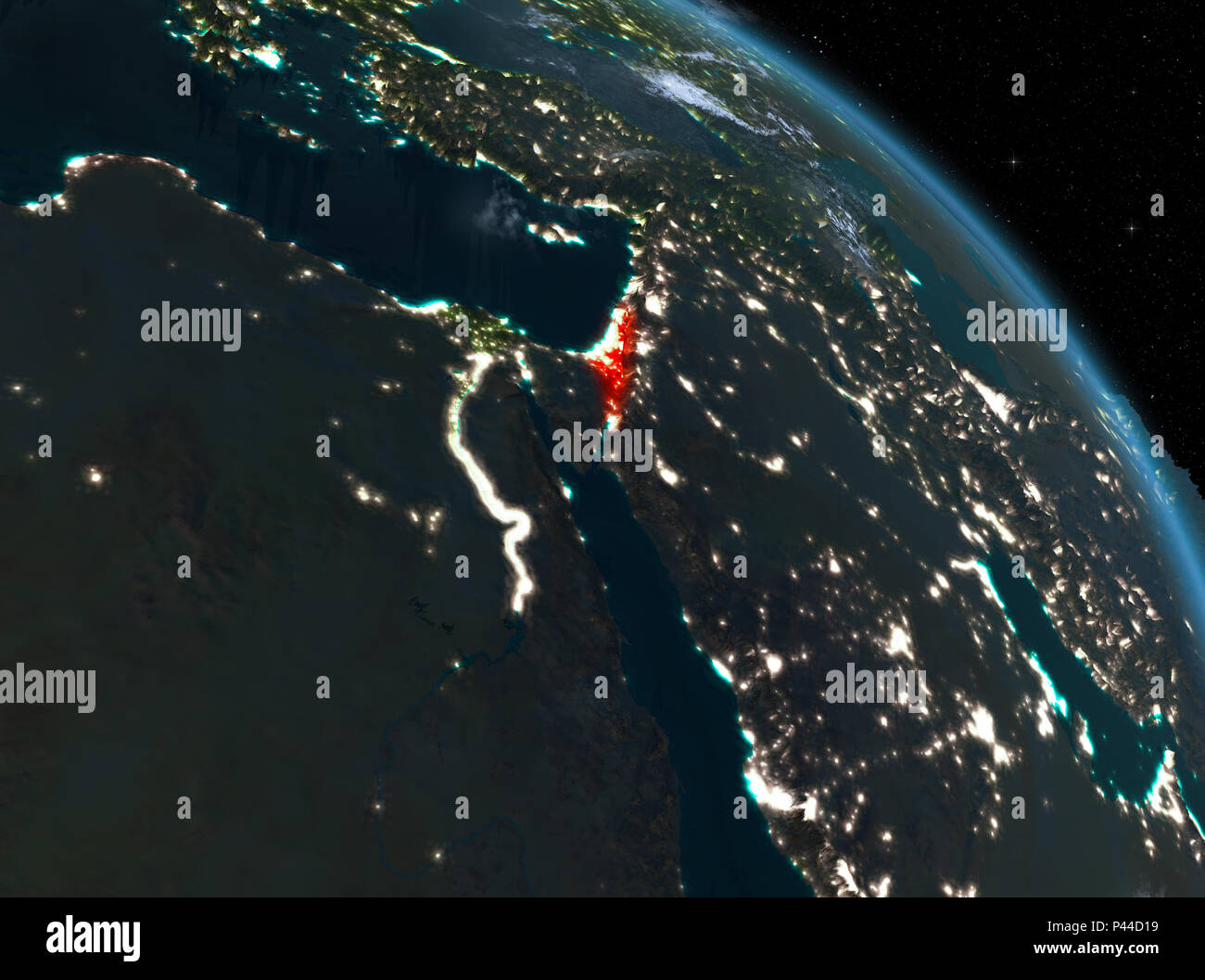 Night above Israel highlighted in red on model of planet Earth in space ...