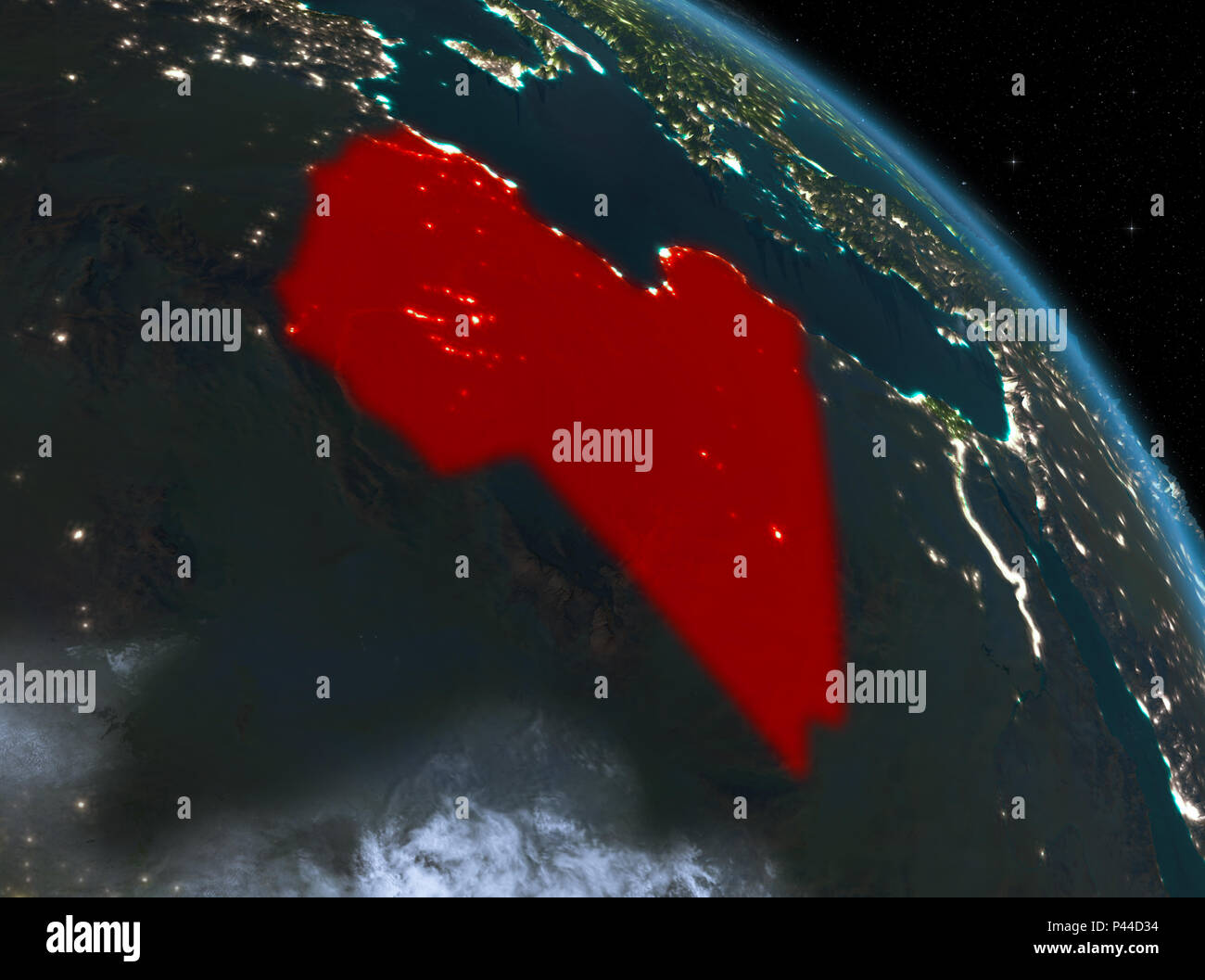 Night above Libya highlighted in red on model of planet Earth in space ...