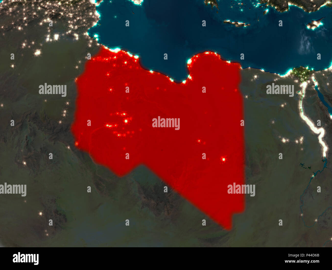 Country of Libya in red on planet Earth with clouds at night. 3D ...