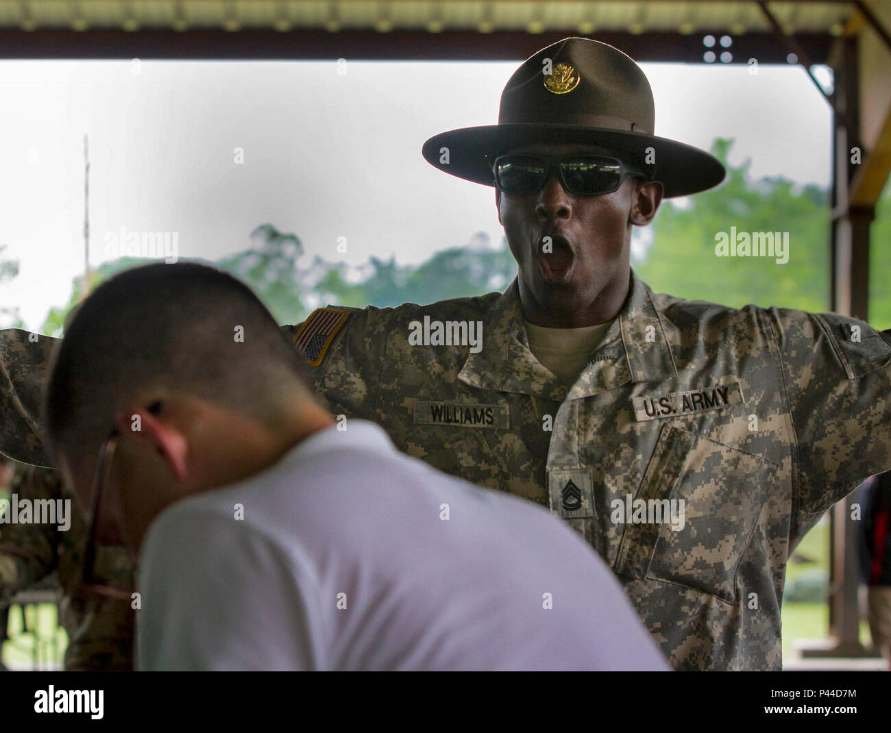 Task Force Wolf, Army Reserve Drill Sergeant, Sgt. 1st Class Kevin Williams, advises a Cadet ...