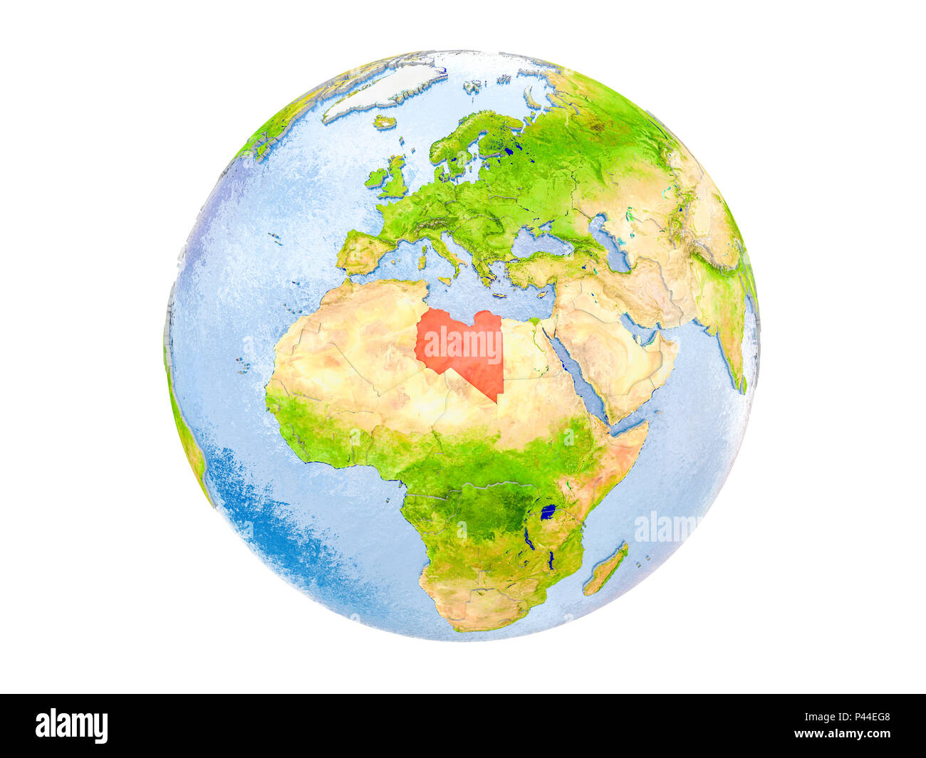 Libya highlighted in red on model of Earth. 3D illustration isolated on ...