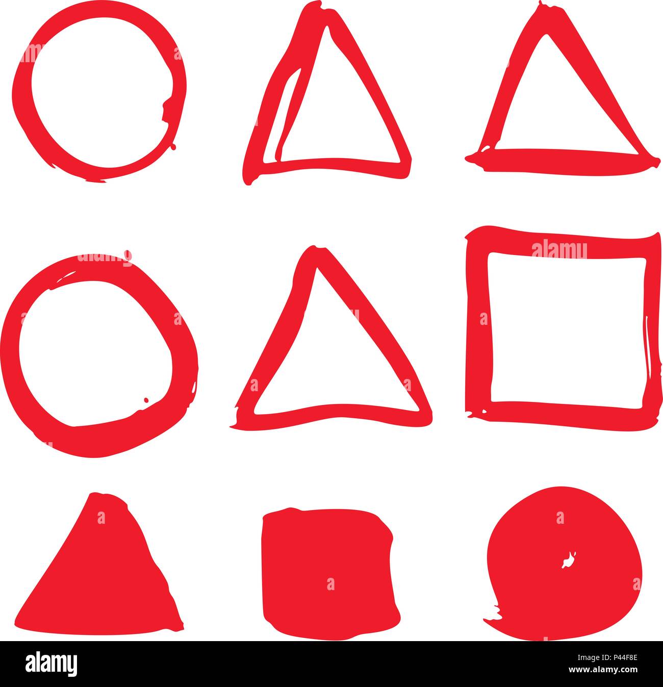 Hand drawing red trianlges, circles, squares. Markers highlight color ...