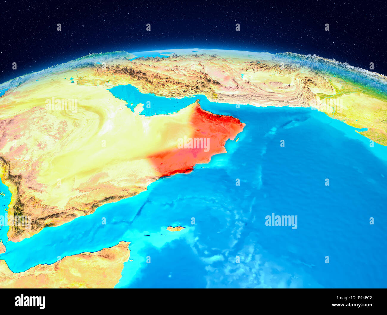 Satellite view of Oman highlighted in red on planet Earth. 3D ...