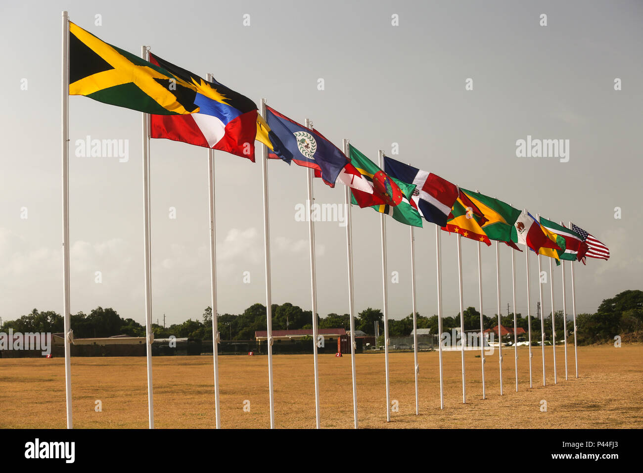 The flags of 18 partner nations wave in the sky during the closing ...