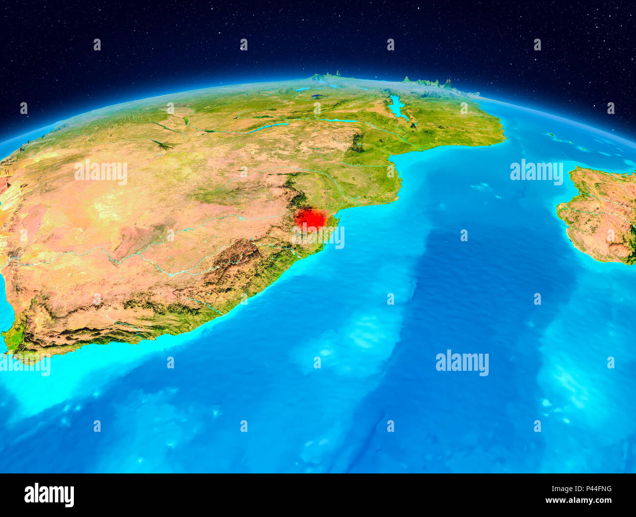 Satellite view of Swaziland highlighted in red on planet Earth. 3D illustration. Elements of ...