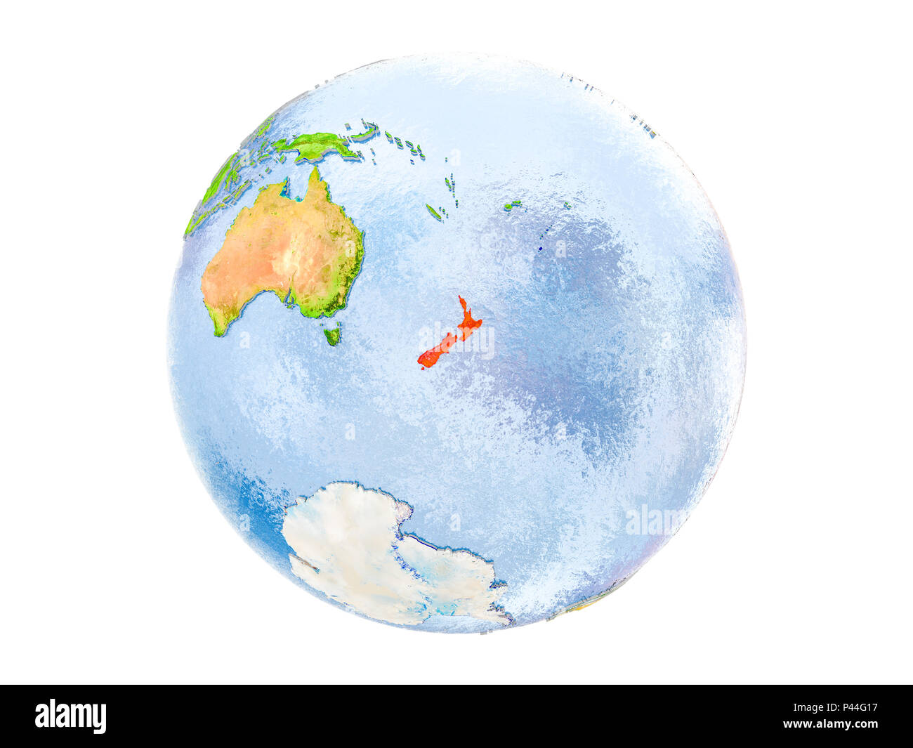 New Zealand highlighted in red on model of Earth. 3D illustration ...