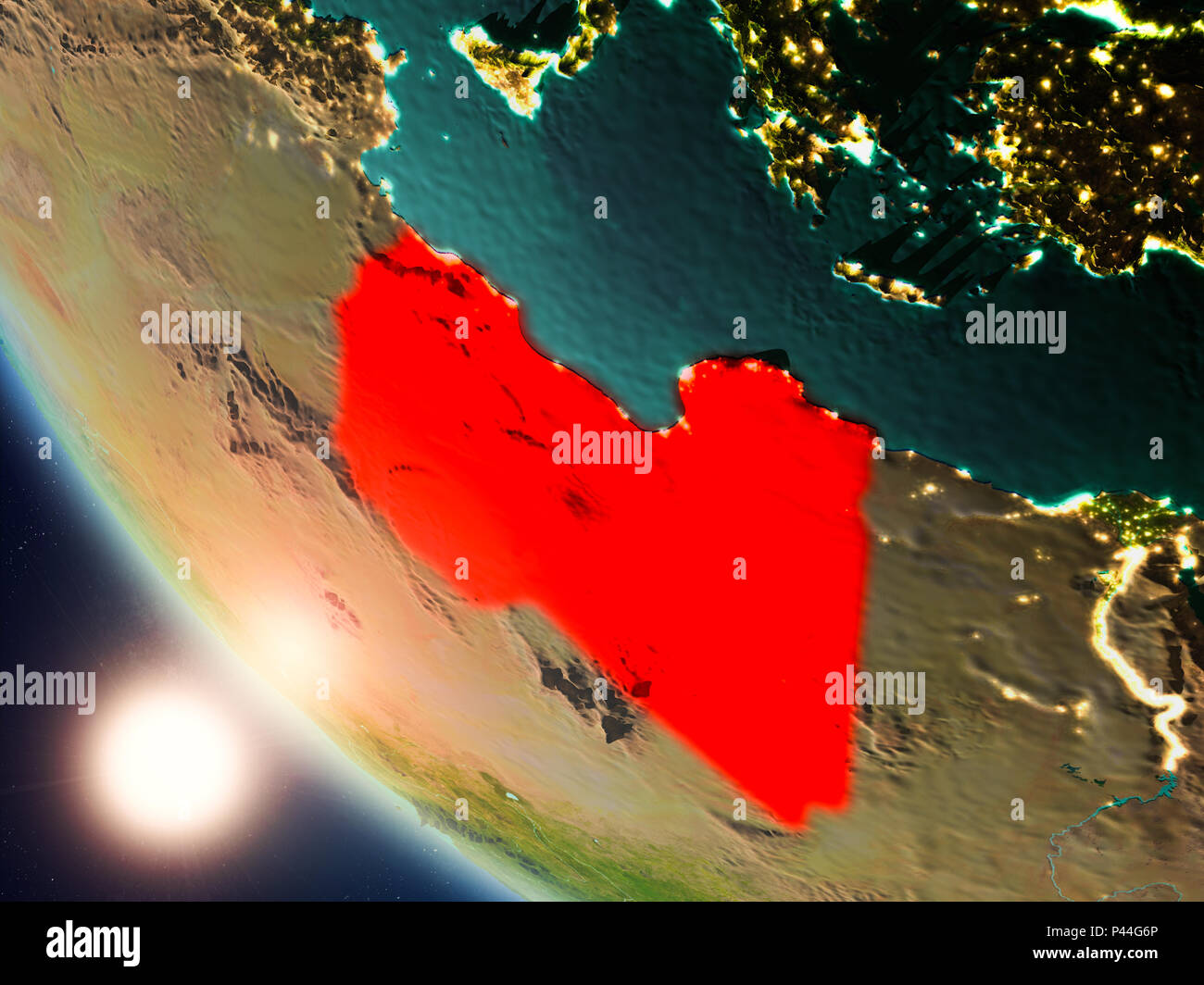 Satellite view of Libya highlighted in red on planet Earth with visible ...