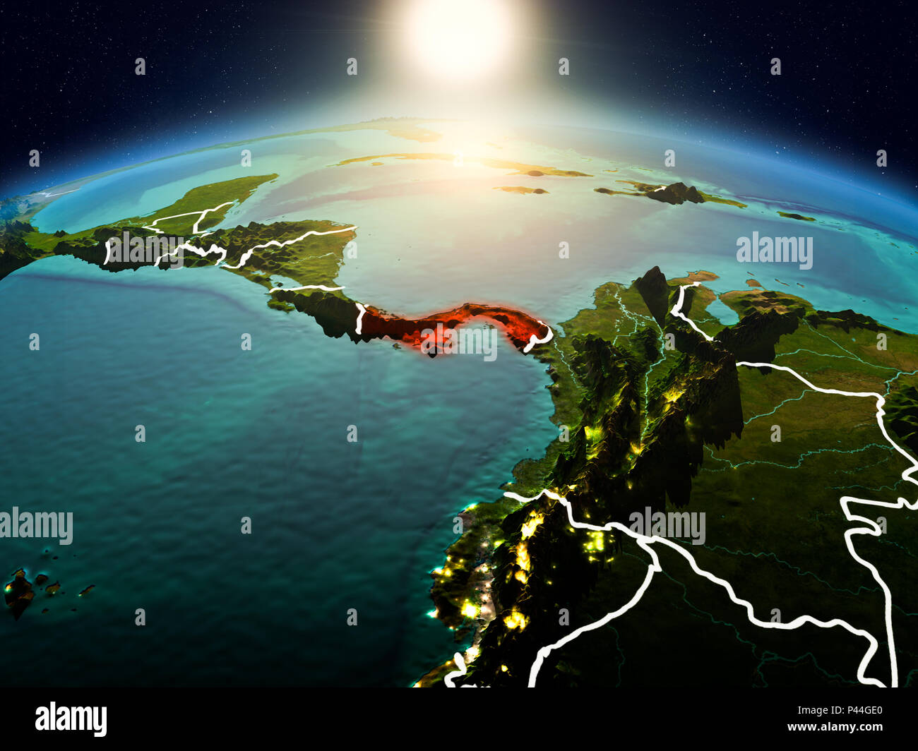 Sunrise above Panama highlighted in red on model of planet Earth in space with visible country ...