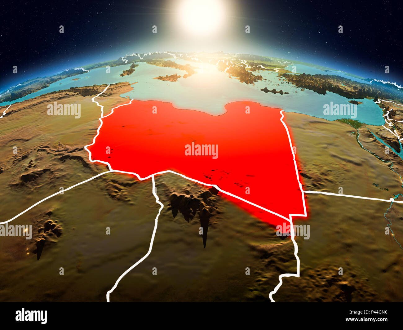 Sunrise above Libya highlighted in red on model of planet Earth in ...