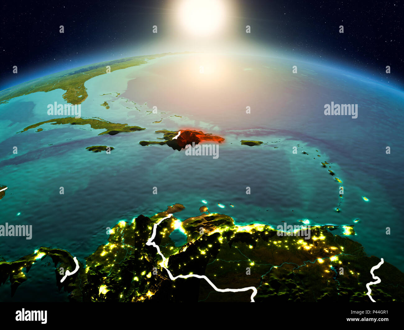 Sunrise above Dominican Republic highlighted in red on model of planet Earth in space with ...