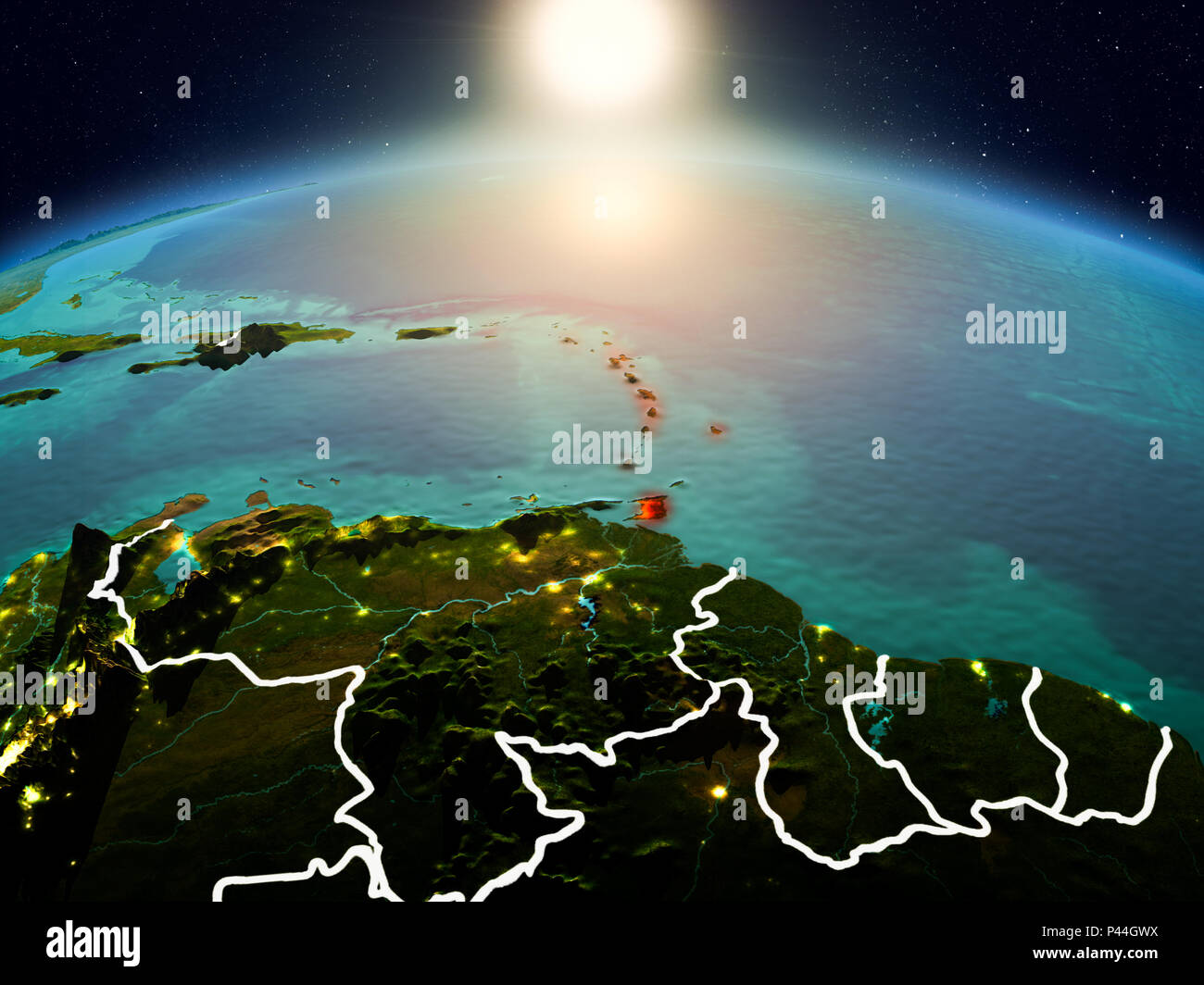 Sunrise above Caribbean highlighted in red on model of planet Earth in space with visible ...