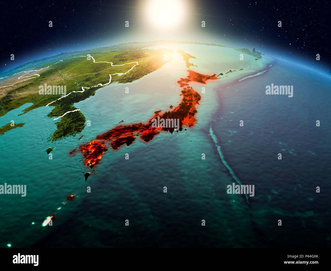 Sunrise above Japan highlighted in red on model of planet Earth in ...