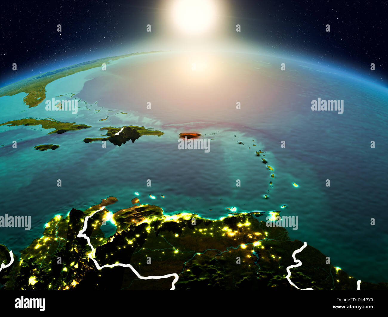 Sunrise above Puerto Rico highlighted in red on model of planet Earth in space with visible ...