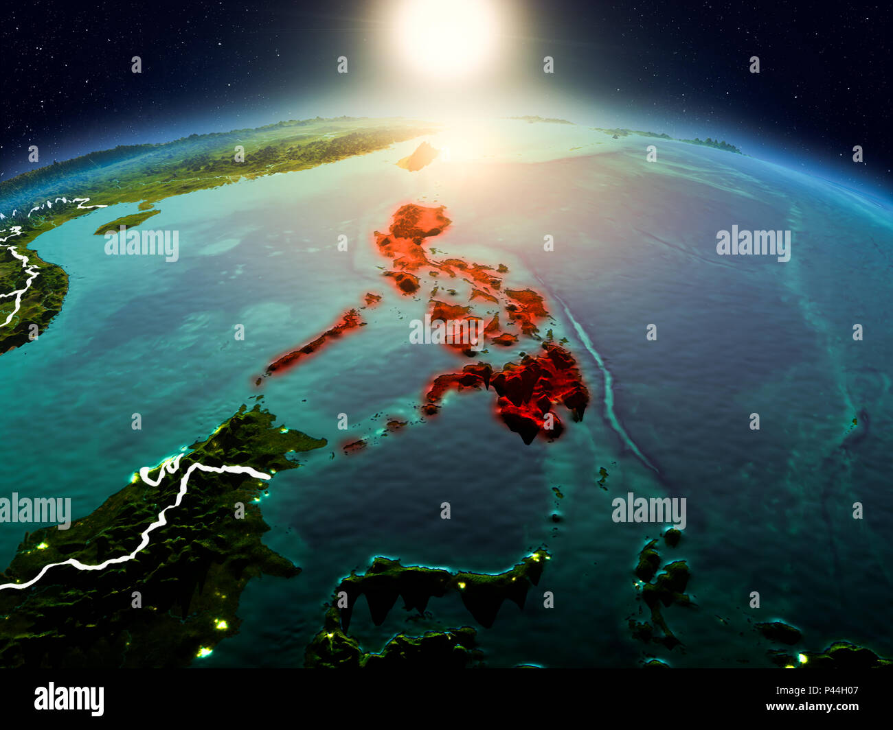 Sunrise above Philippines highlighted in red on model of planet Earth ...