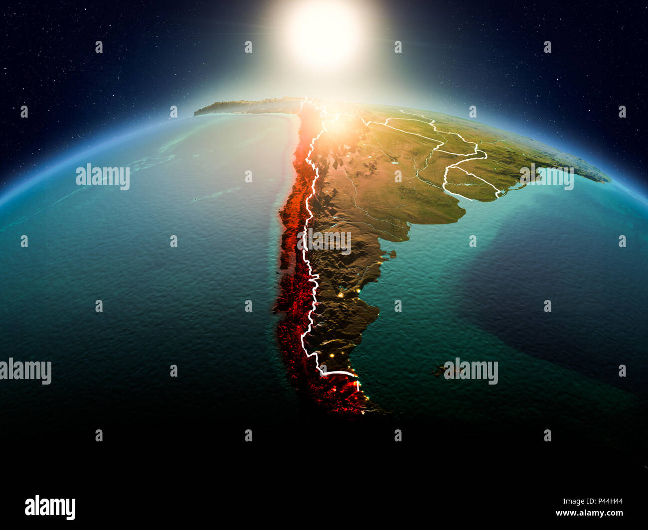 Sunrise above Chile highlighted in red on model of planet Earth in space with visible country ...