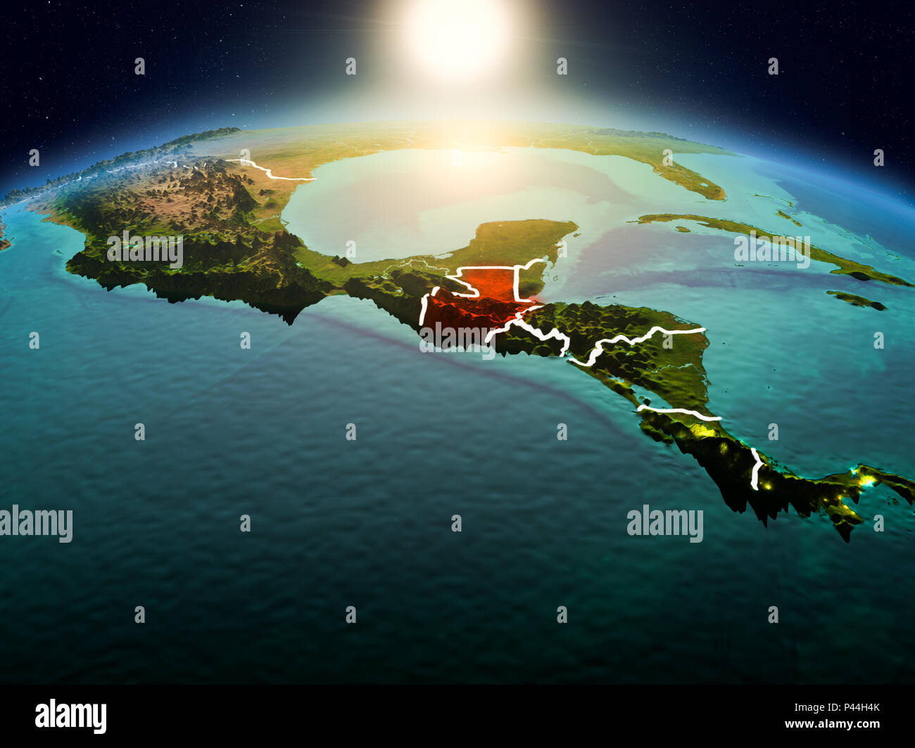 Sunrise above Guatemala highlighted in red on model of planet Earth in space with visible ...