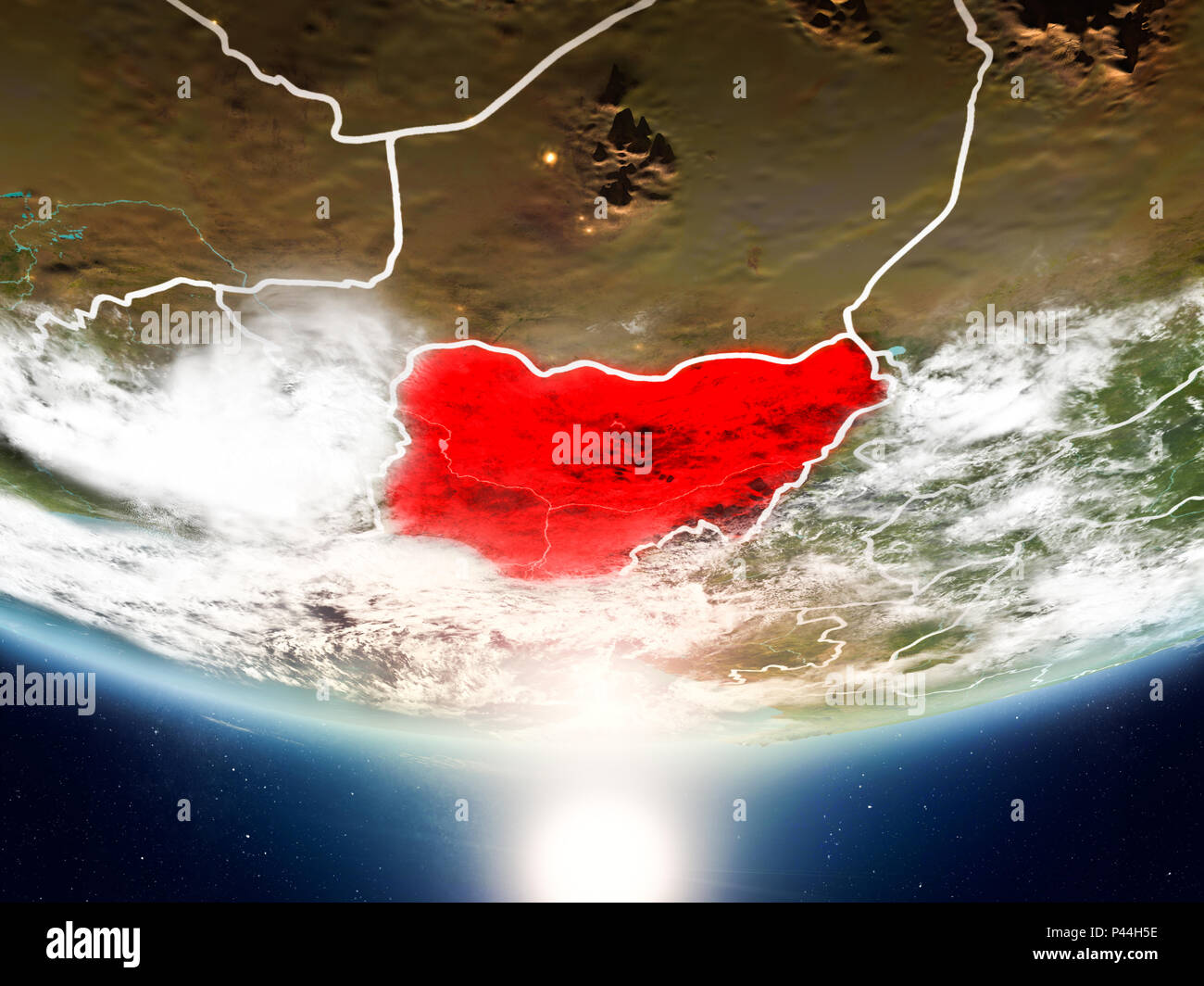 Nigeria from orbit of planet Earth in sunrise with highly detailed ...