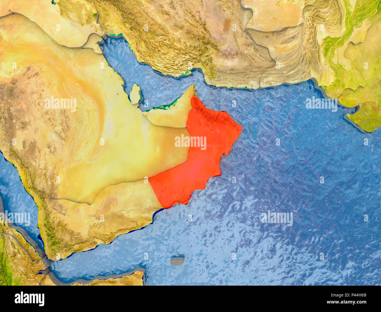 Oman in red on realistic map with embossed countries. 3D illustration ...