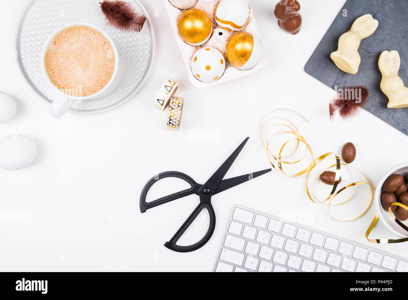 Happy Easter. Stylish stationery background with chocolate eggs. gold ...