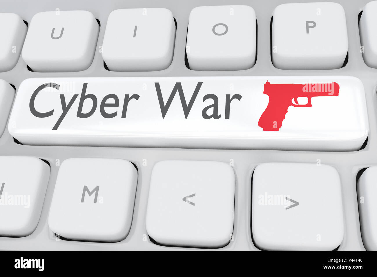3D illustration of computer keyboard with the script Cyber War and red ...