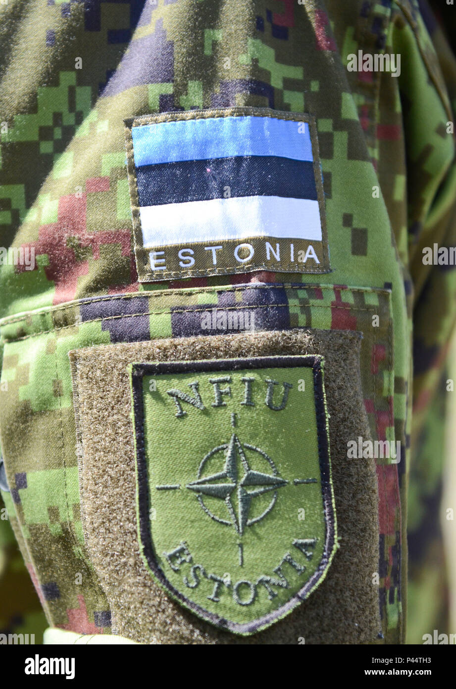 An Estonian Soldier wears the NATO Force Integration Unit patch during ...