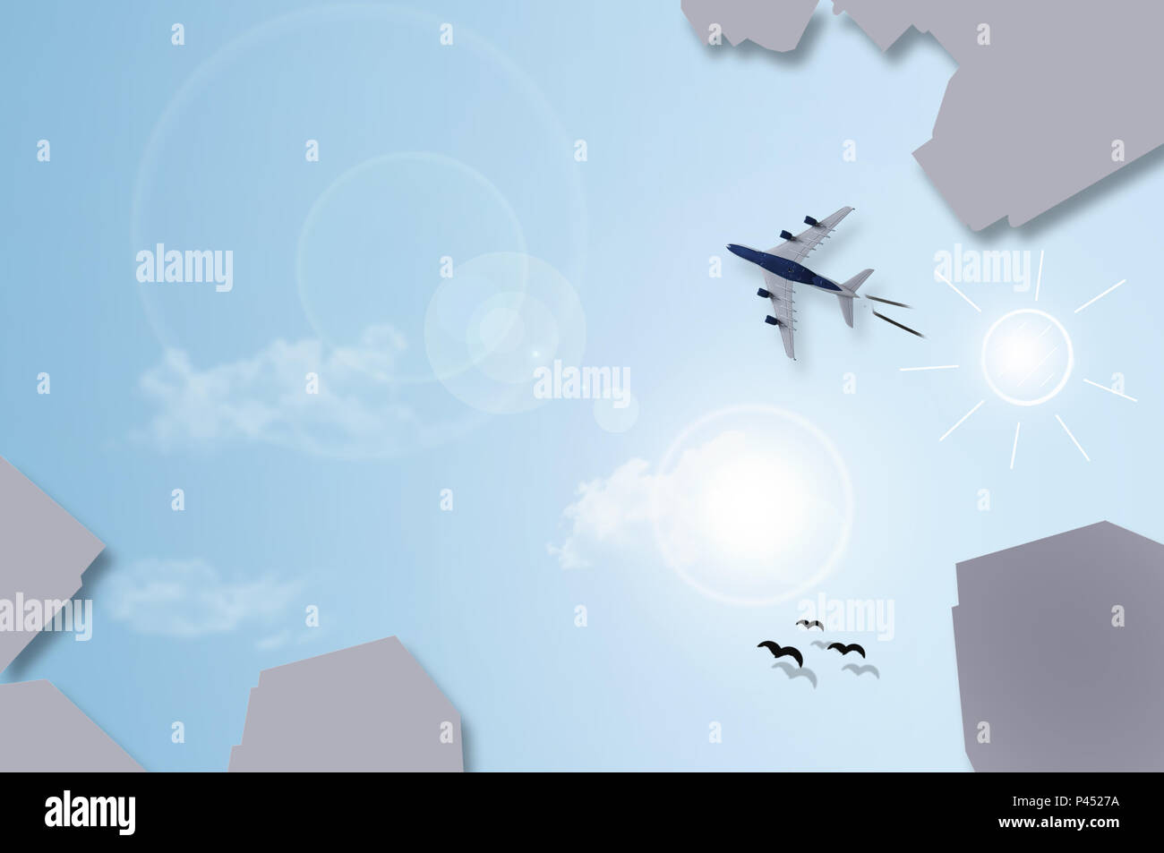 City high rise buildings abstract, with cloud icons and plane flying ...