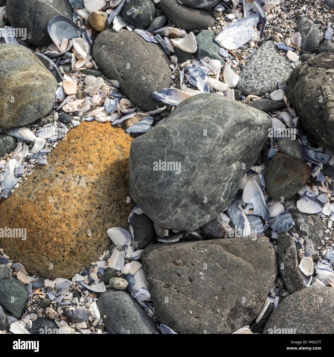 Elevated view of stones on the beach, Ucluelet, Vancouver Island ...