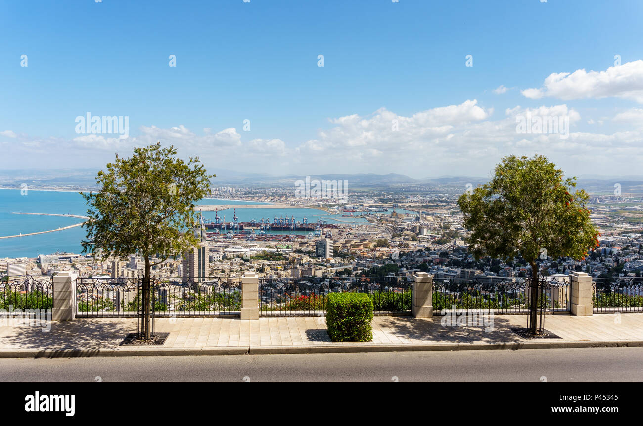 View from the top to city of Haifa in Israel and harbor at spring time ...