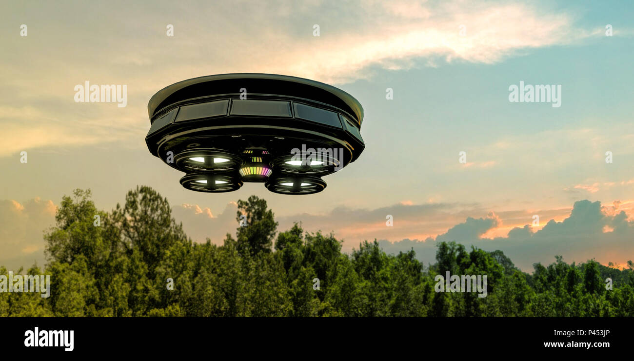 unidentified flying object over a wood 3d illustration Stock Photo - Alamy