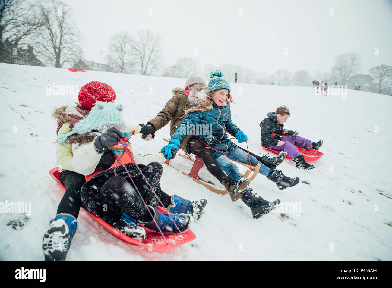 Children are racing each other down a hill on sleds in the snow. The ...