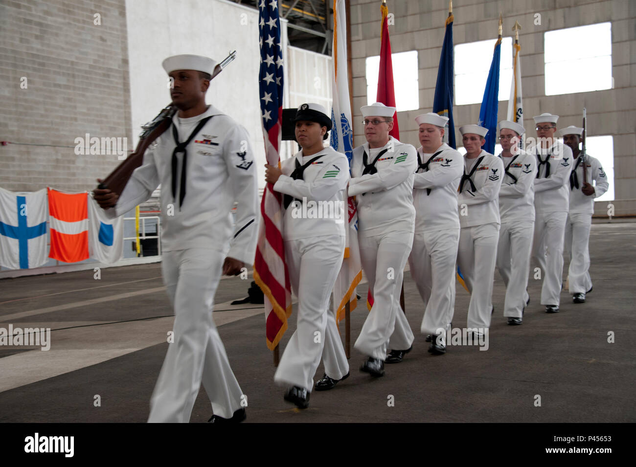 Sailors from the Naval Support Activity Lakehurst Honor Guard march for ...