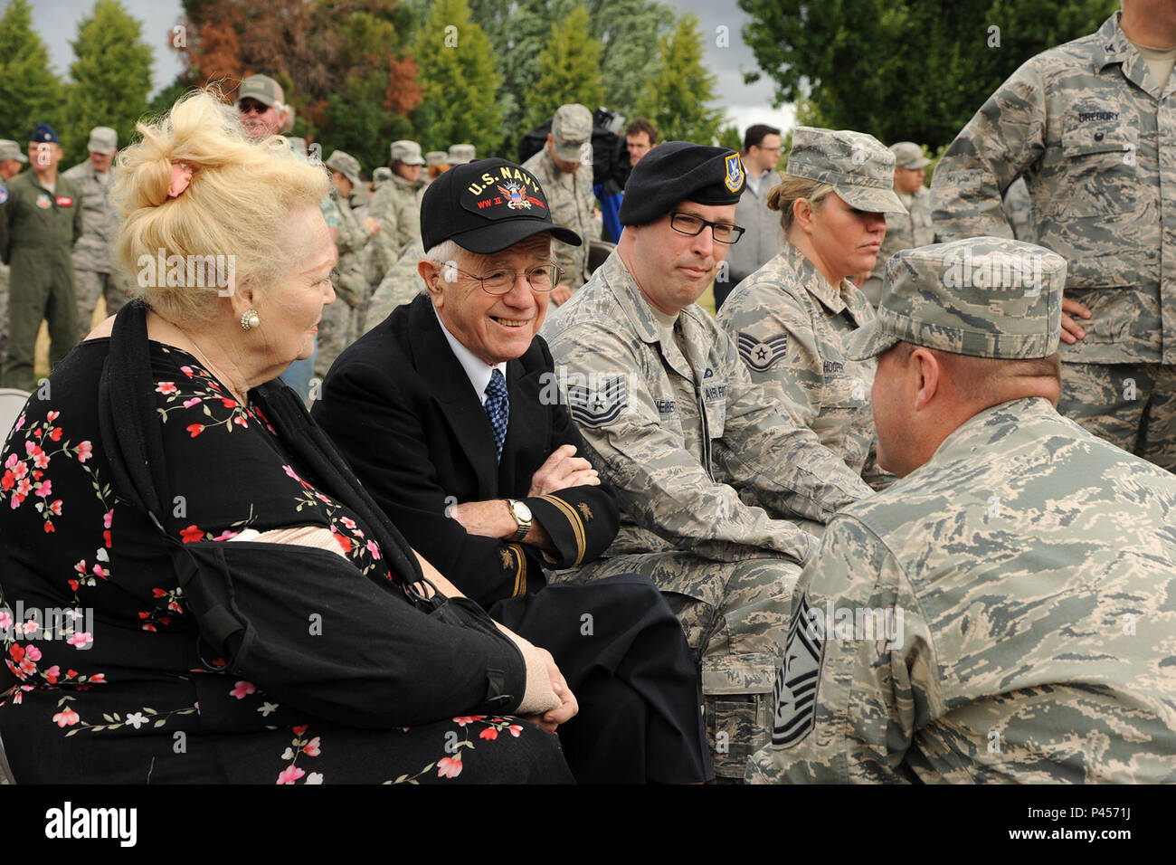 Chief Master Sgt. Chris Roper, 142nd Fighter Wing Command Chief, greets ...