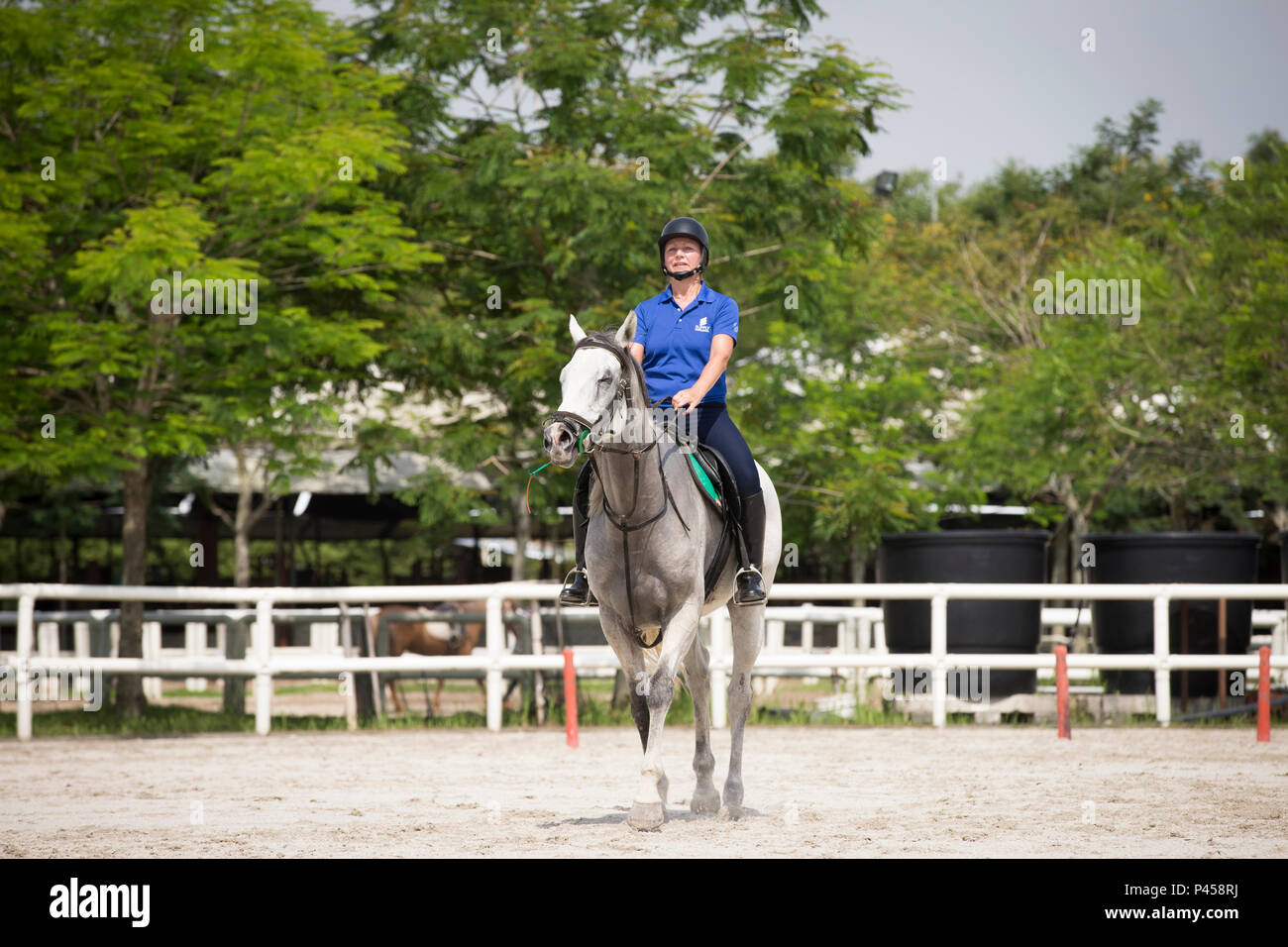 A western woman riding her horse around a paddock at a riding school in ...