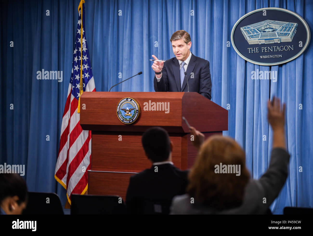 Pentagon Press Secretary Peter Cook briefs the media in the Pentagon ...